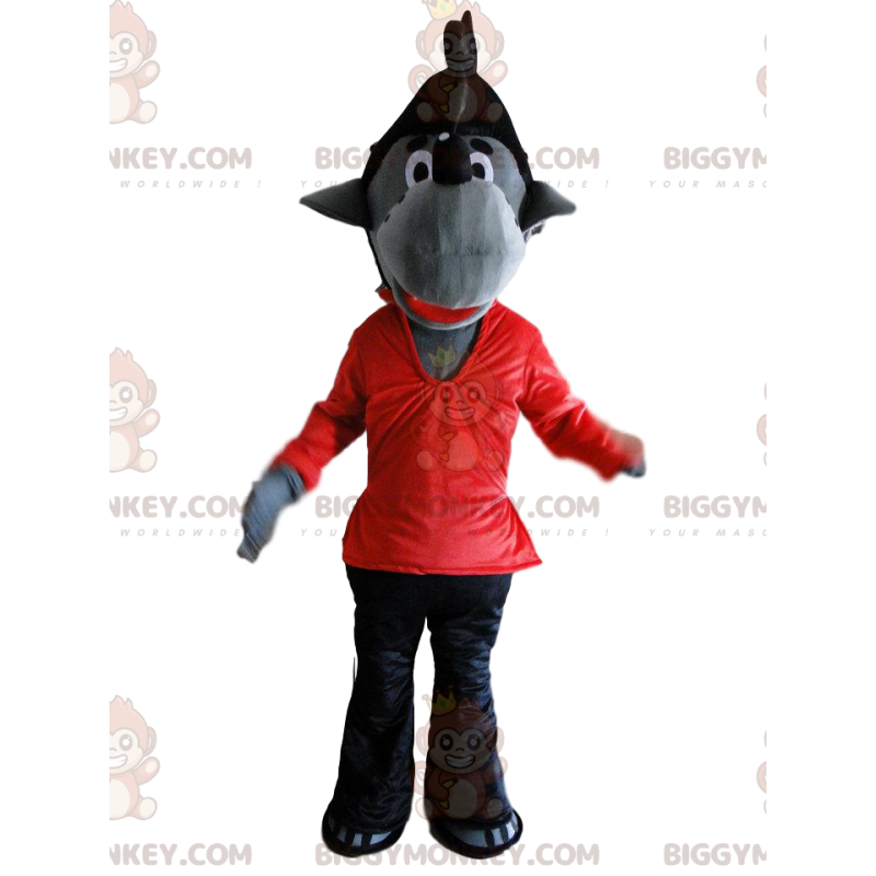 Gray wolf costume in red and black, wolf costume