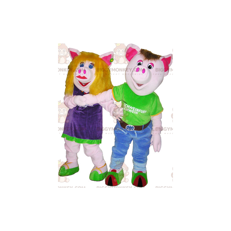2 BIGGYMONKEY™s male and female pig mascots in
